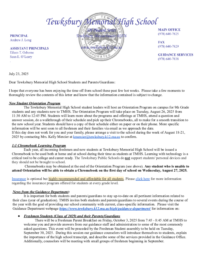 TMHS Summer Letter July 2025.docx - Memorial High School