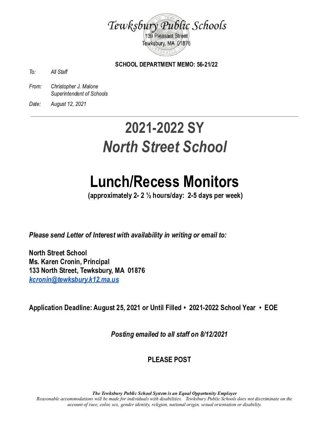 Lunch_Recess Monitor NORTH STREET 2021 - Tewksbury Public Schools